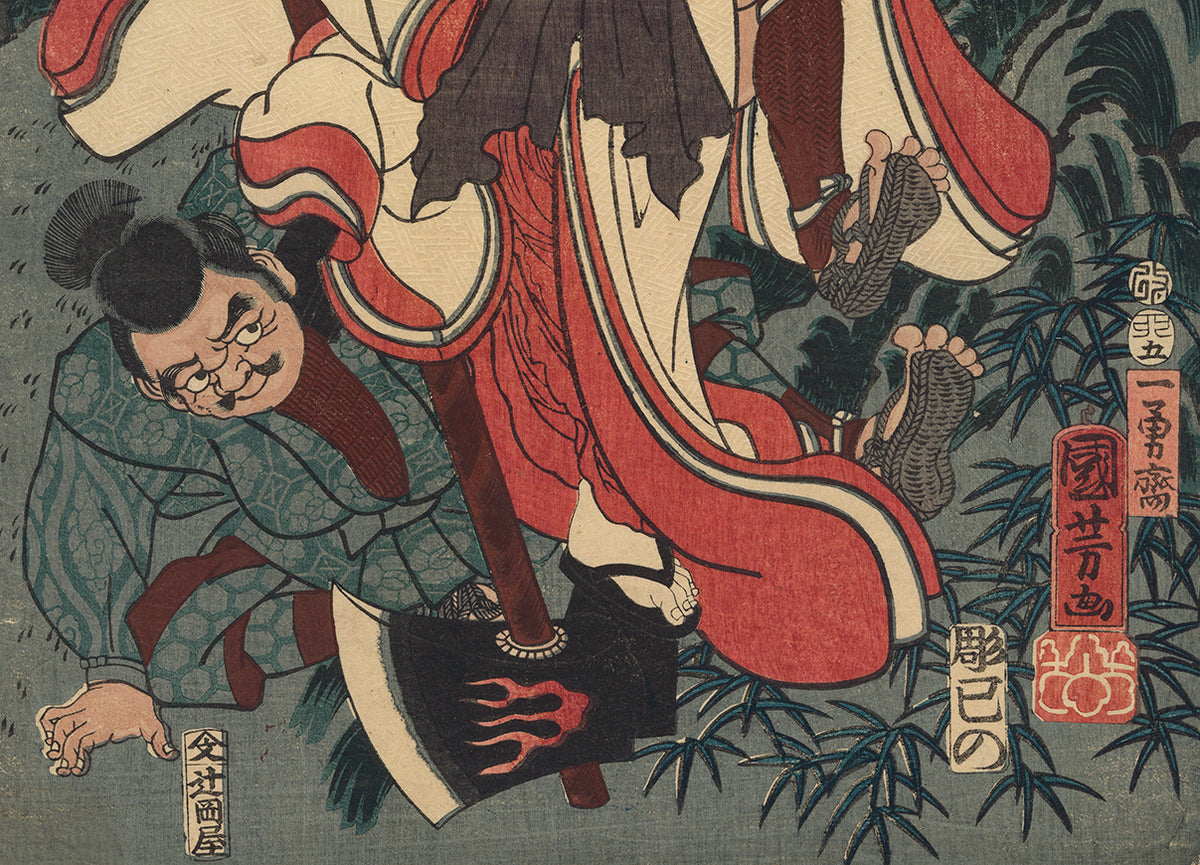 Kuniyoshi 国芳: Princess Shiranui Fighting Two Bandits as she Prepares t ...