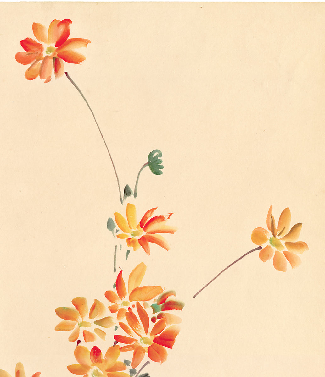 Obata: Watercolor of Ikebana Flower Arrangement of Wild Dahlias in Vas ...